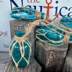 5 - Aqua Glass Bottles on Rope - Nautical Fish Net Buoy Ball Floats ...