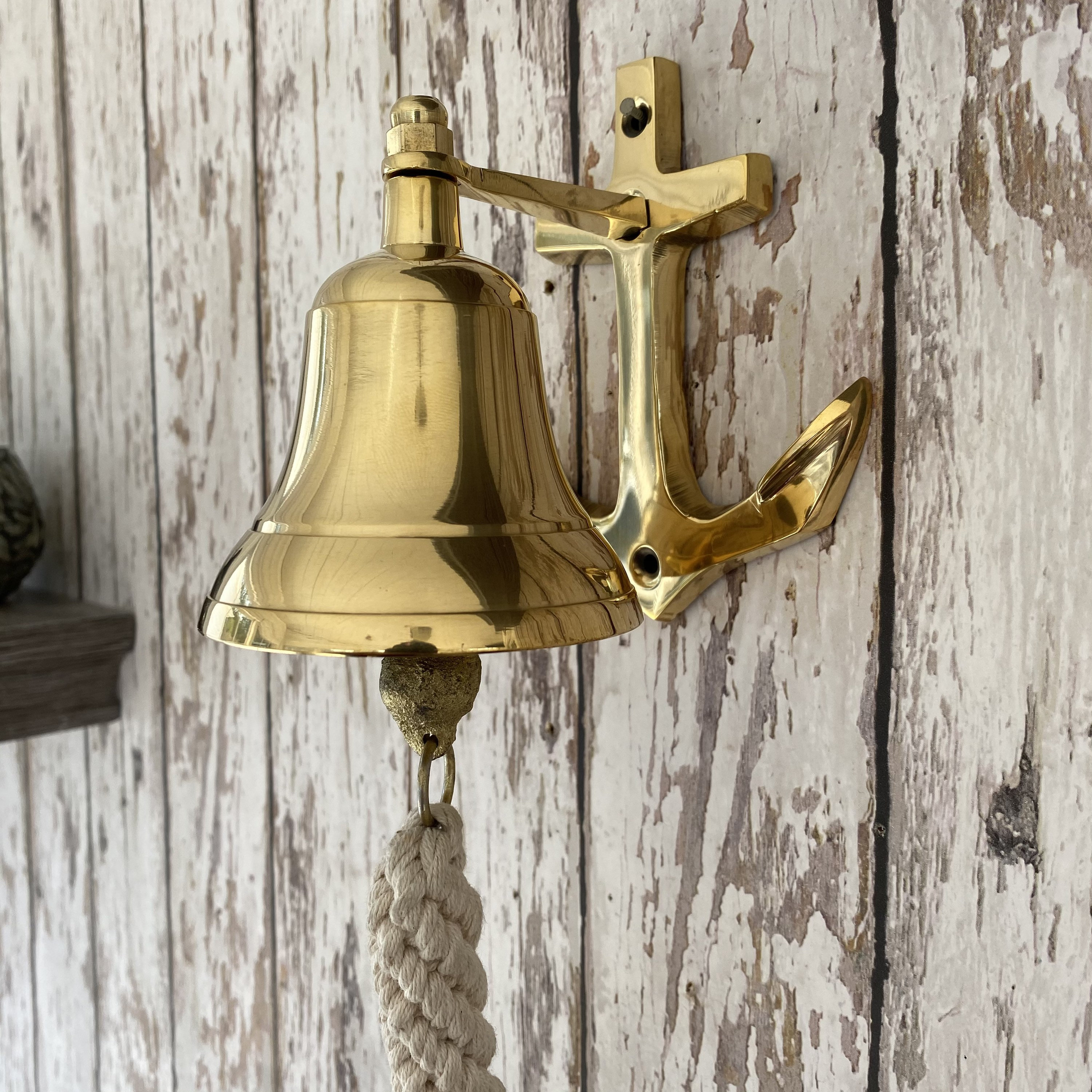 Brass Ship Bell w/ Anchor Bracket & Rope Lanyard Pull - Nautical ...