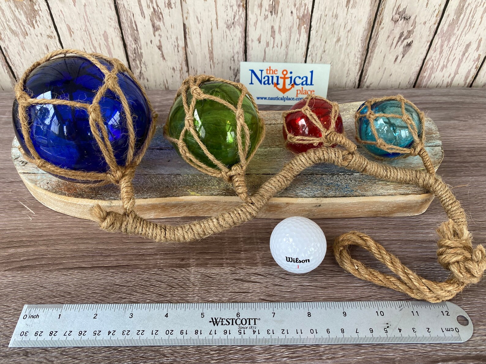 4 Glass Fishing Floats on Rope - Fish Net Buoy Ball - Nautical Beach ...