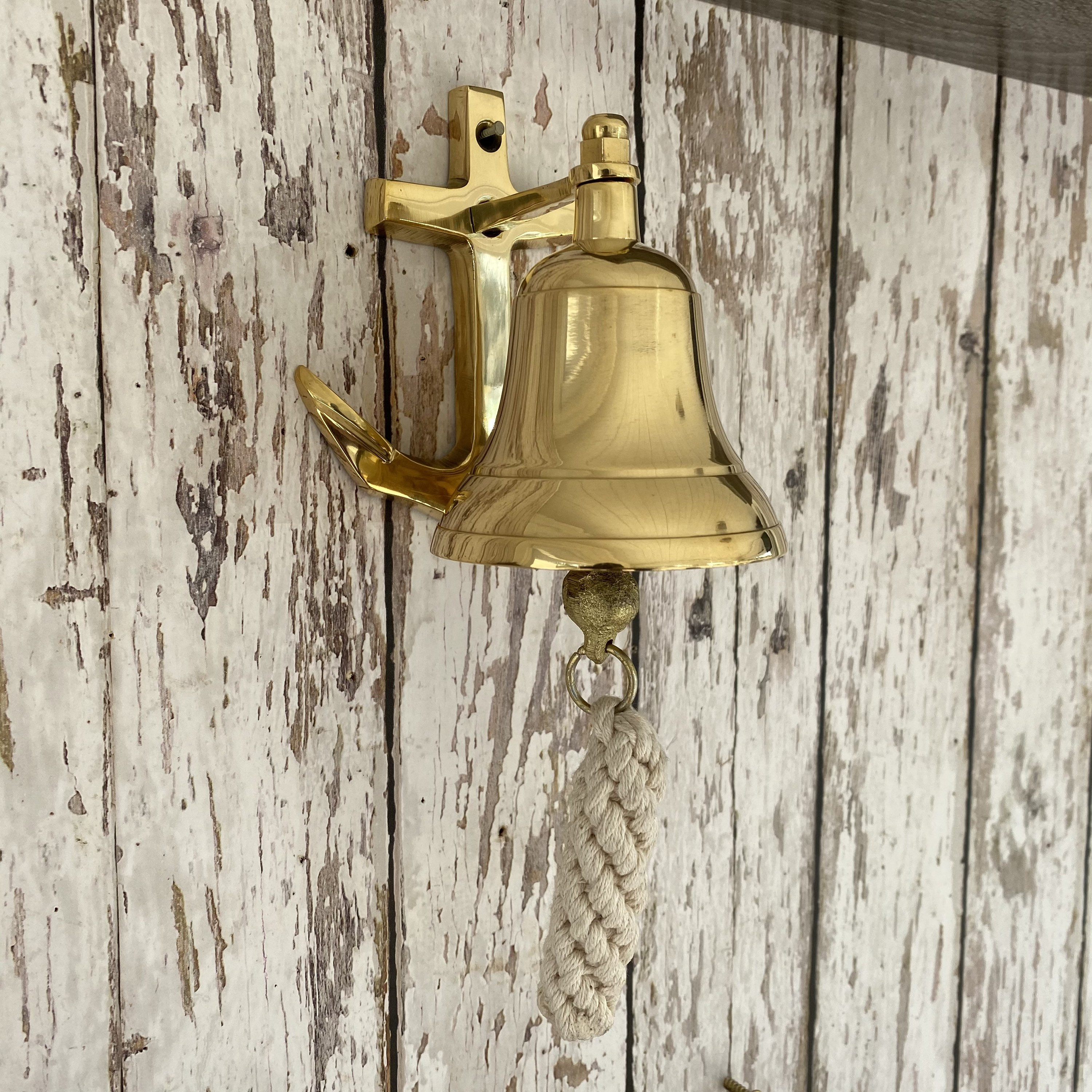 Brass Ship Bell w/ Anchor Bracket & Rope Lanyard Pull - Nautical ...