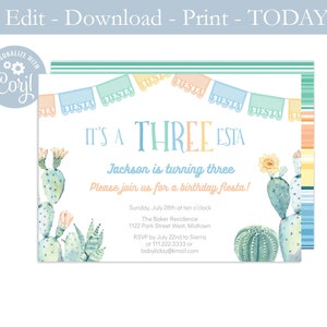 Three-esta Party Invite 3rd Birthday Fiesta Invitation - Etsy