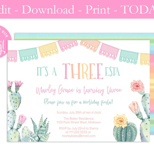 Printable Three-esta Birthday Party Invite 3rd Birthday - Etsy