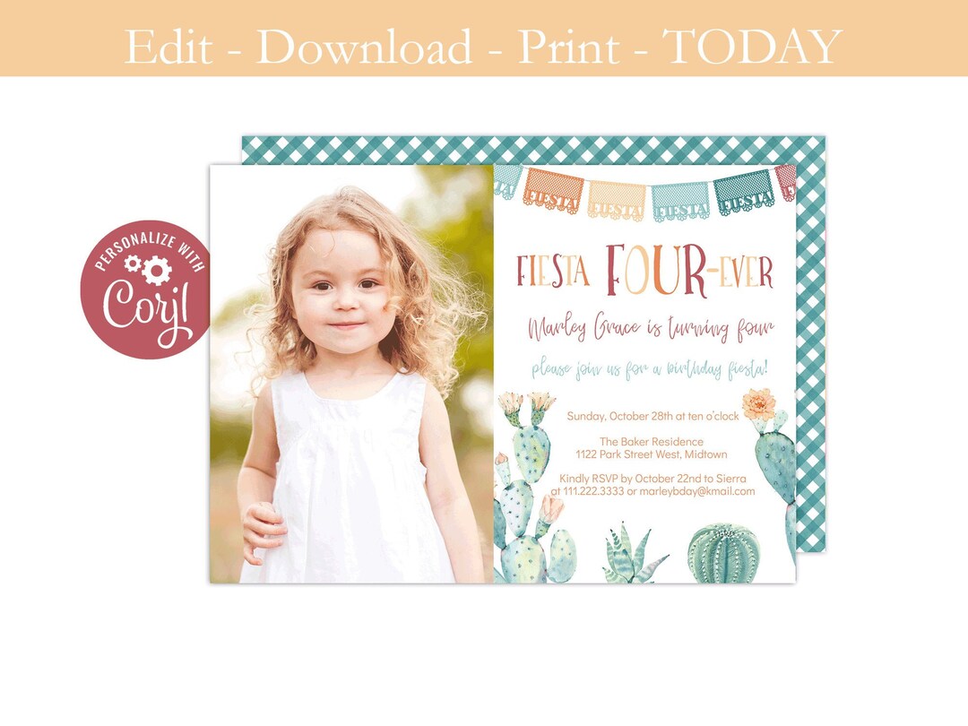 Printable 4th Birthday Party Invitation With Photo, Fiesta Fourever ...