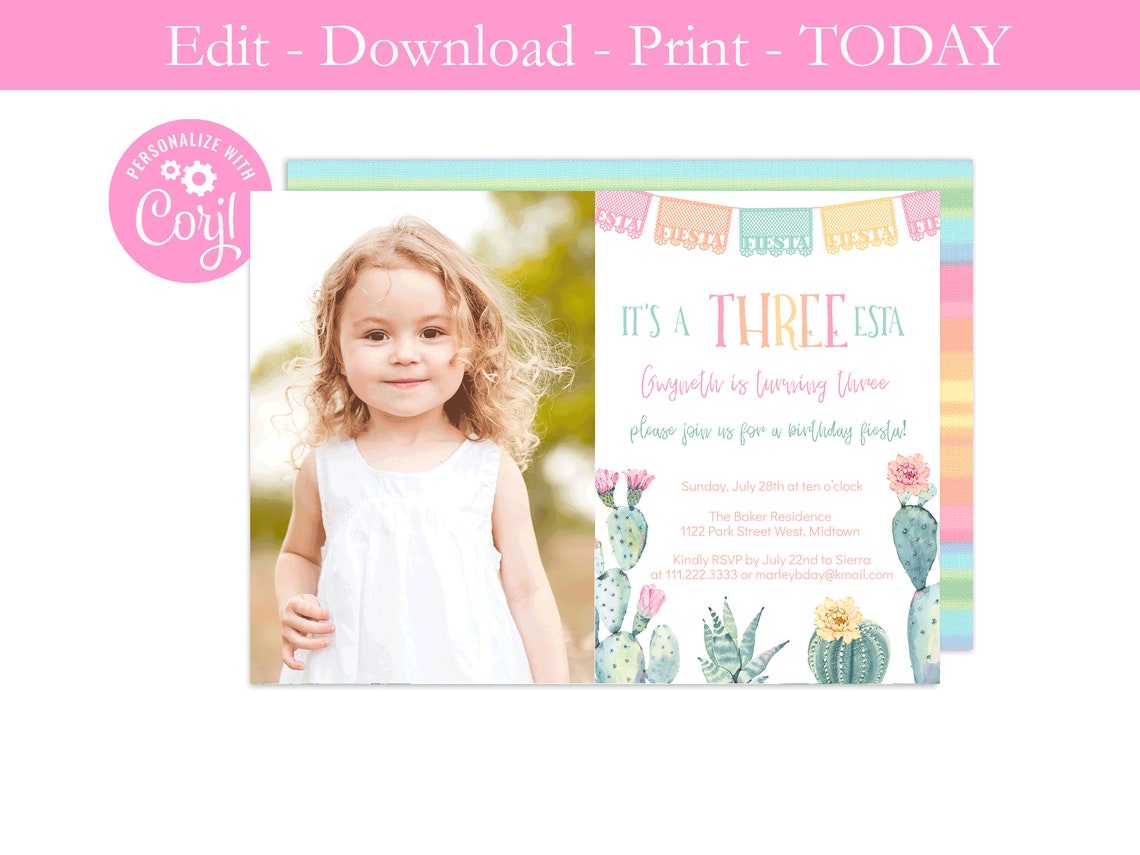 Printable Three-esta Birthday Party Invite, 3rd Birthday Fiesta Style ...