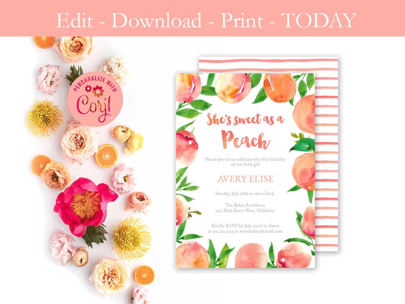 Editable Peach Birthday Invitation, Sweet as a Peach Invites, Southern ...