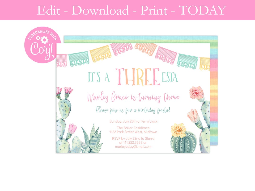 Printable Three-esta Birthday Party Invite, 3rd Birthday Fiesta Style ...