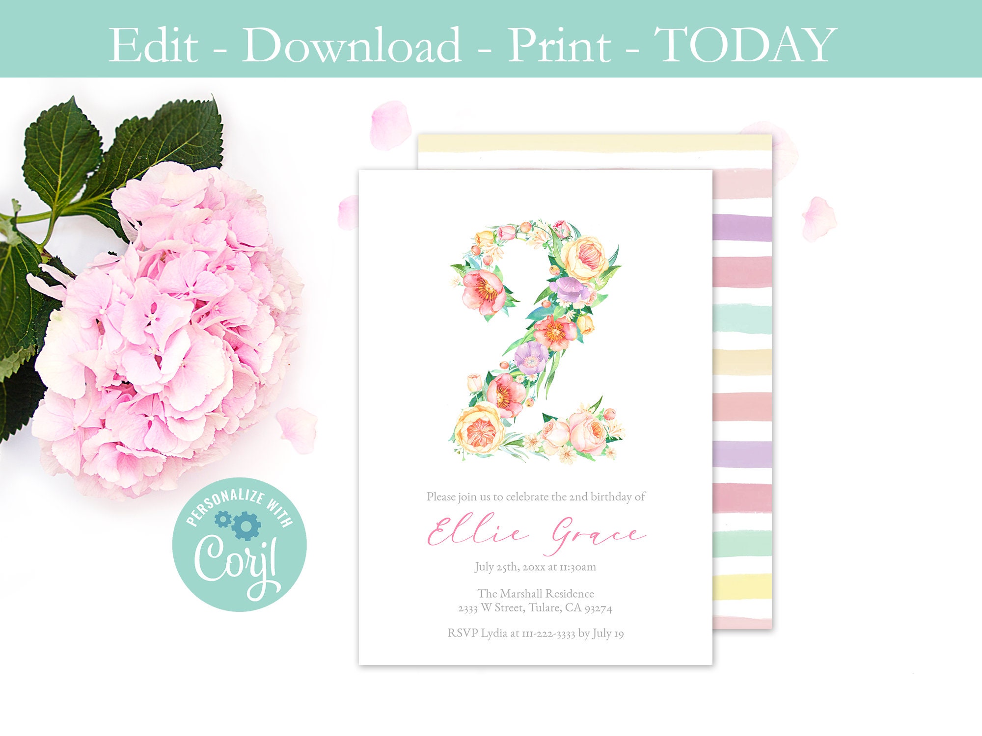 Printable 2nd Birthday Party Invite, Butterflies Invitation, Turning 2 ...