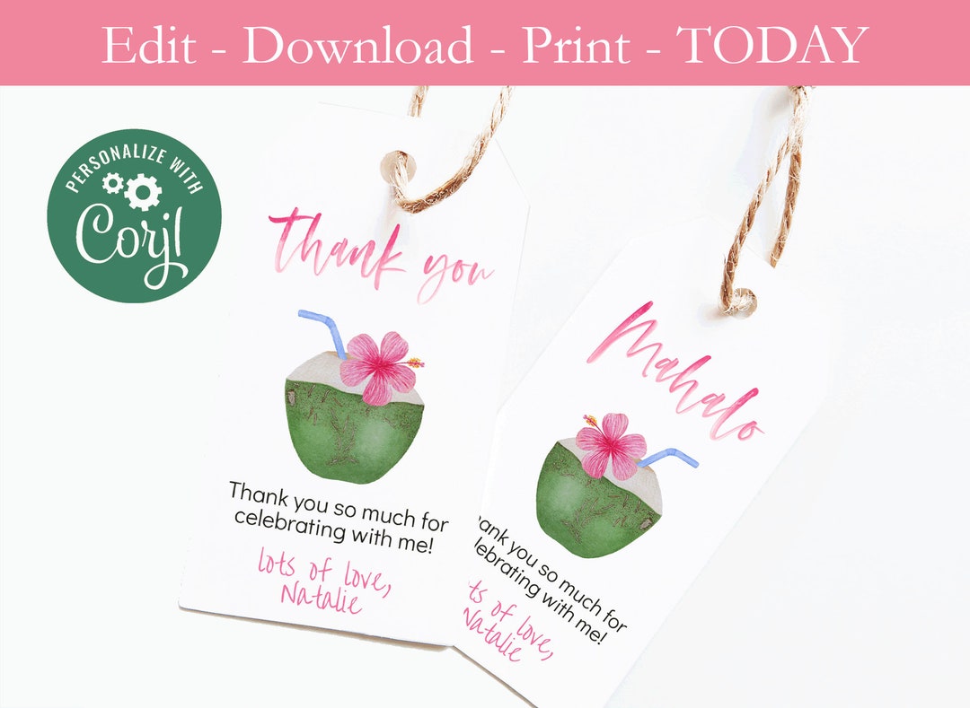 Green Coconut Favor Tags, Tropical Thank You Favor Tags, Mahalo Tags ...