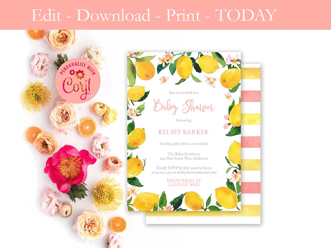 Lemons Baby Shower Invitation Baby Shower Lemons Theme Girl | Etsy