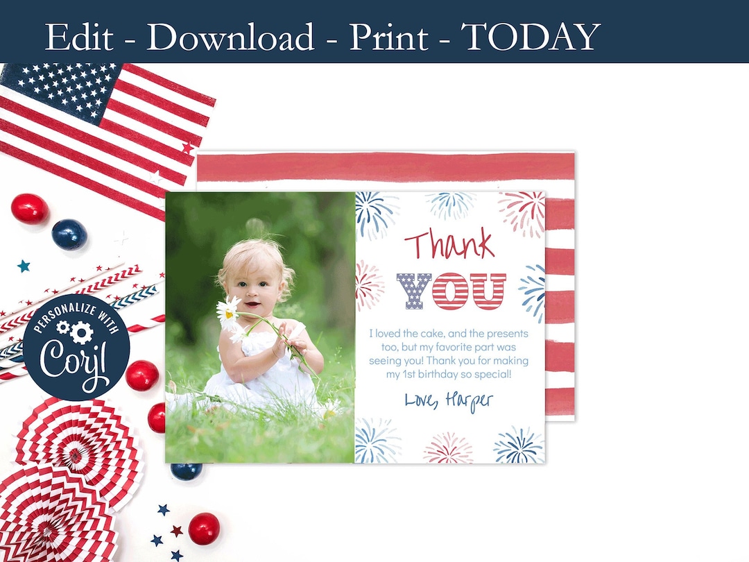 Printable 4th July Photo Thank You Card, All-american, Thank You With ...