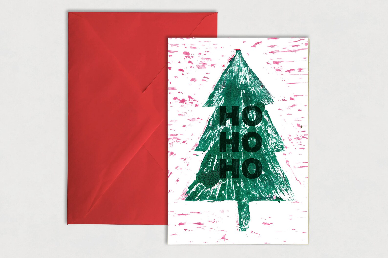 Ho Ho Ho Christmas Card – Christmas Tree, Linocut Print, Red, Green and ...