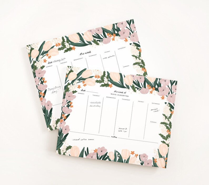 First Bloom Weekly Planner Notepad: Illustrated Botanical Personalized ...
