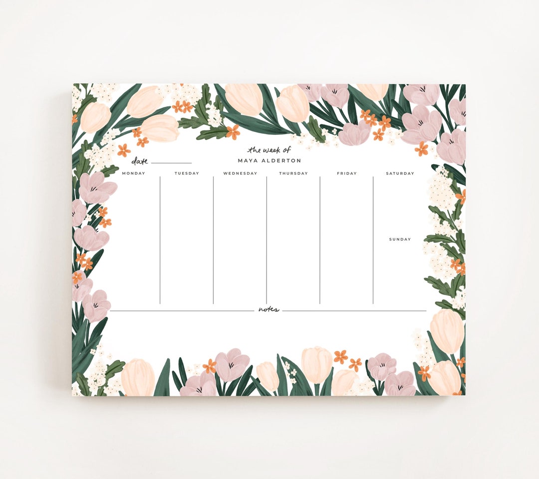 First Bloom Weekly Planner Notepad: Illustrated Botanical Personalized ...