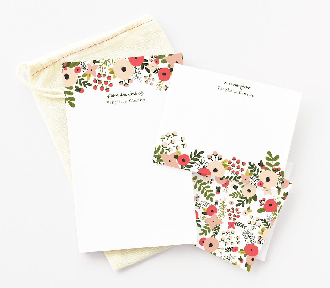 Personalized Stationery Set | Illustrated Floral Stationery Gift Set With Custom Notepad, Flat ...