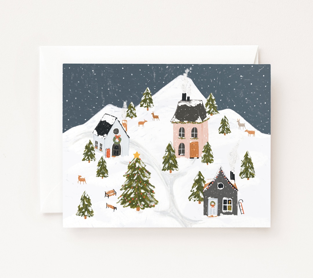 First Snow Christmas Cards | Illustrated Village Holiday Card Set - Etsy