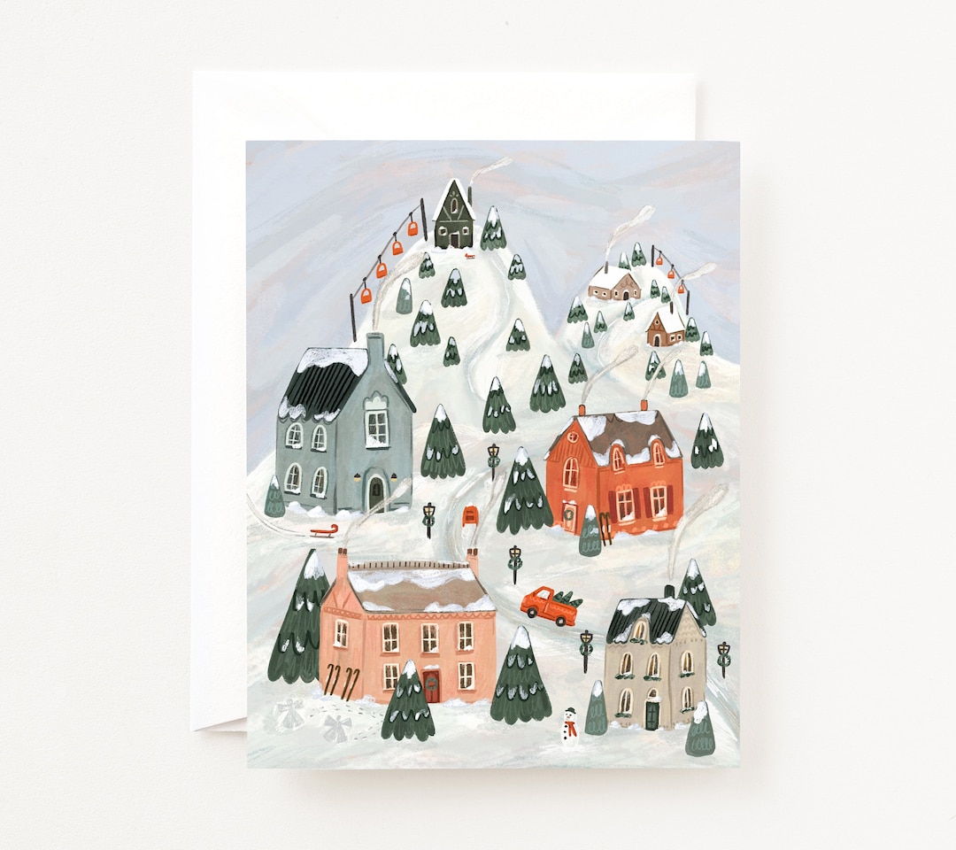 Christmas Slope Holiday Cards: Snowy Winter Town Holiday Greeting Card ...