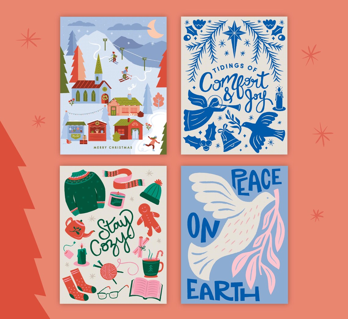 Colorful Christmas Cards 2 Sets of 4 Cards, Holiday Greeting Cards - Etsy