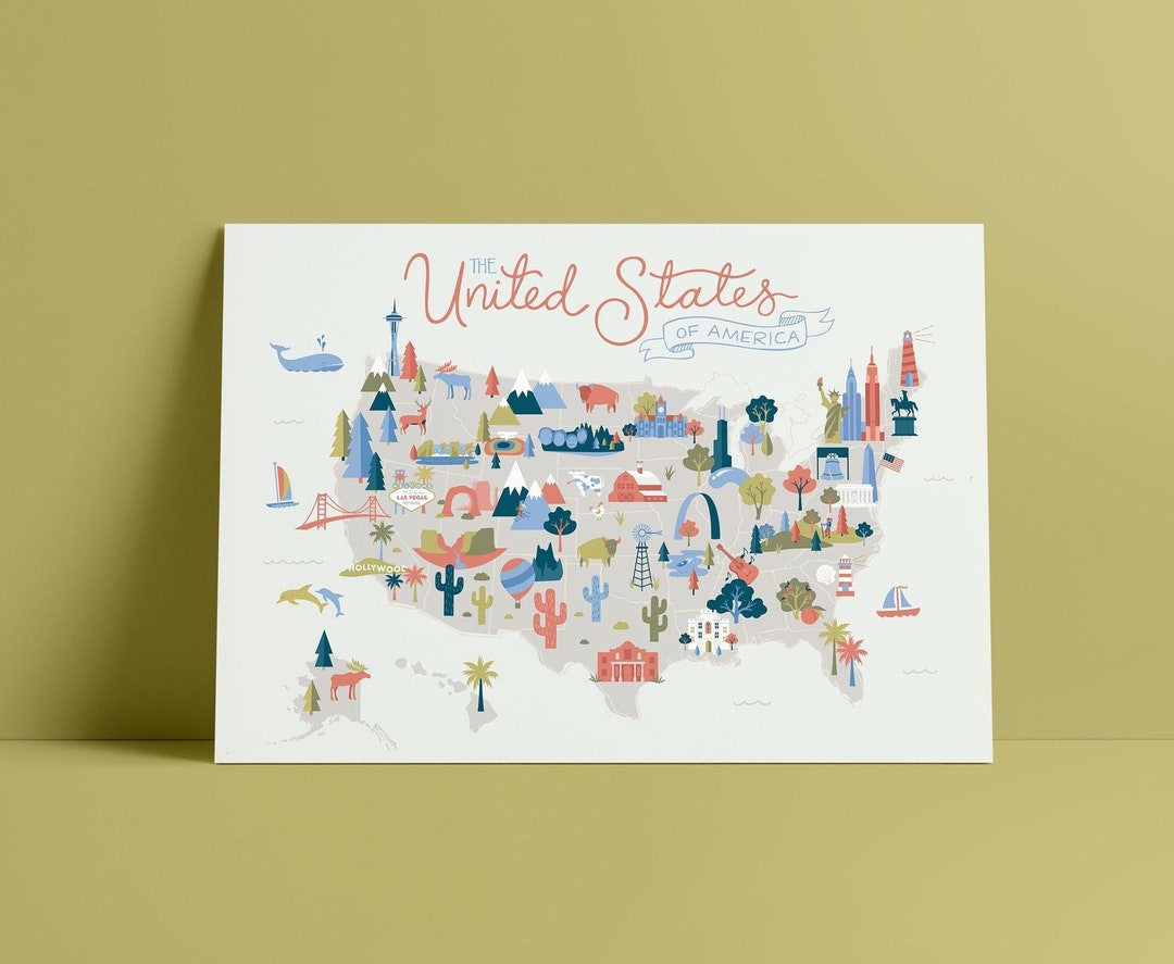 United States Map Art Print | USA Landmark Map Poster | Illustrated Map ...