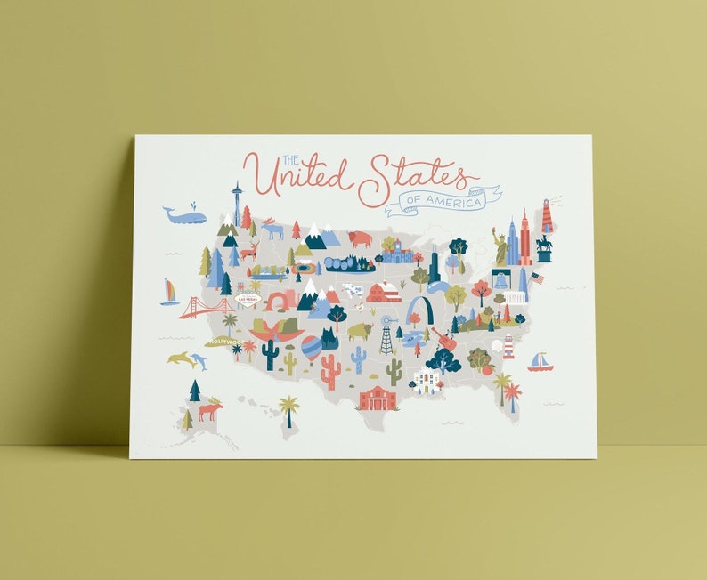 United States Map 8x10 Art Print | USA Landmark Map | Illustrated Map ...