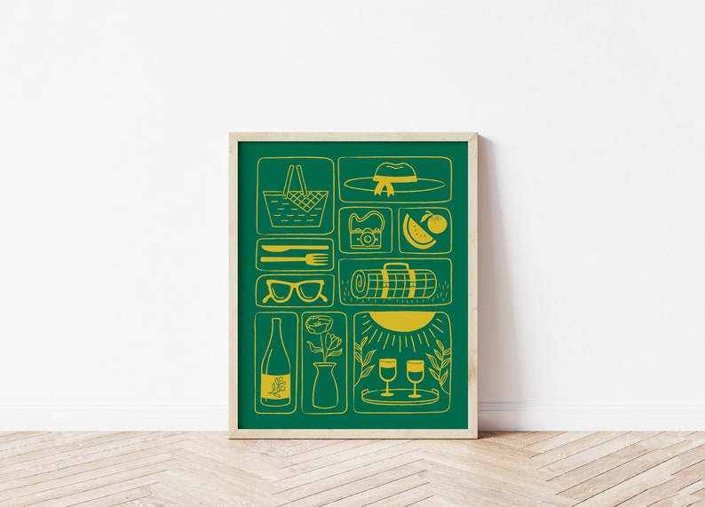Green Picnic Print | Summer Food Hand Drawn Illustration | Kitchen Art ...