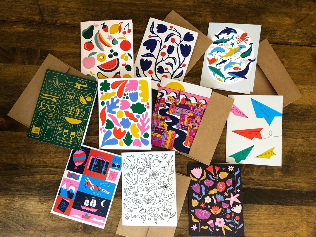 Set of 10 Colorful Assorted Blank Greeting Cards With Envelopes A2 ...