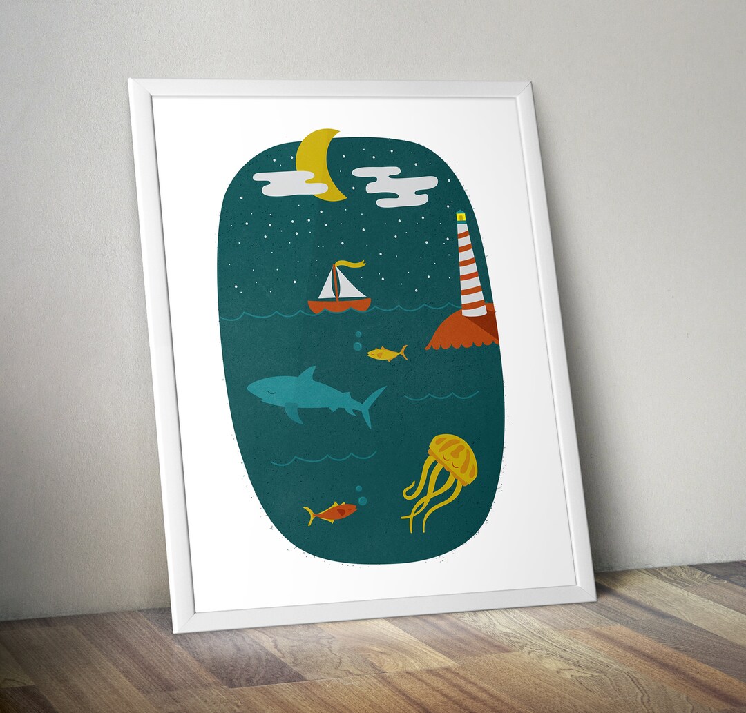 Ocean Scene Illustrated Print, Nursery Printable, Seascape Art - Etsy