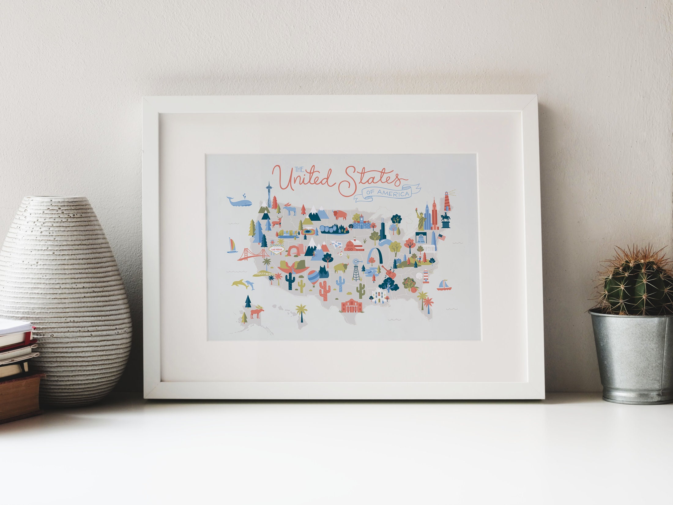 United States Map Art Print | USA Landmark Map Poster | Illustrated Map ...