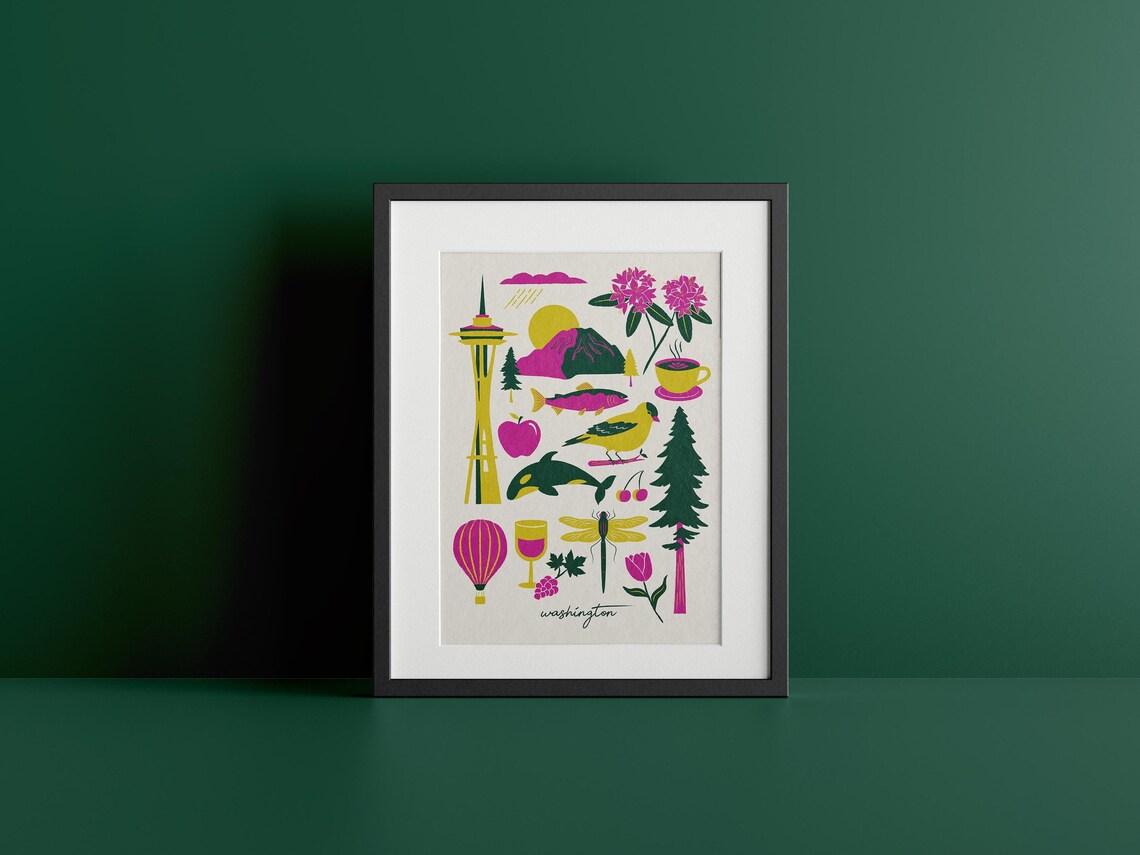 Washington State Illustrated Print, Washington Themed Poster, Pacific ...