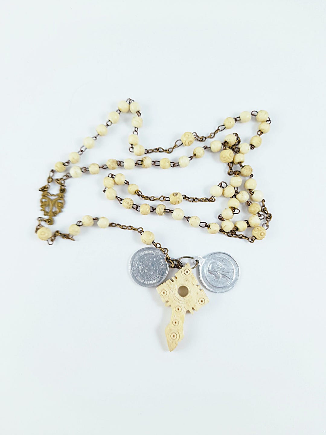 Antique Bone Rosary, Bronze Chain and Link Medal, With Two Pilgrimage ...