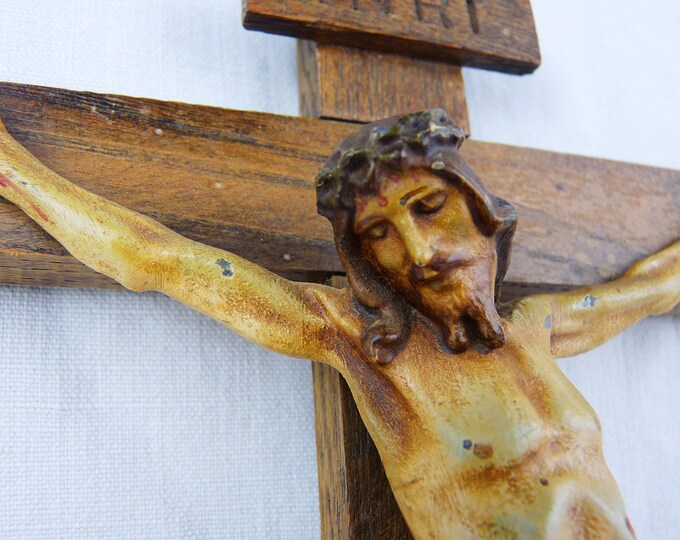 Antique 25" Crucifix Carved Wood Germany Porcelain Art Nouveau Cross ...