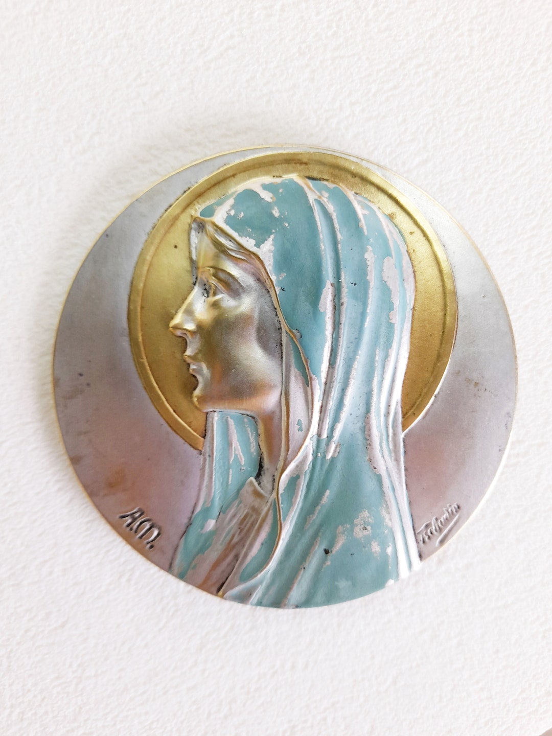 Virgin Mary Plaque in Silver and Bronze by Raymond Tschudin - Etsy