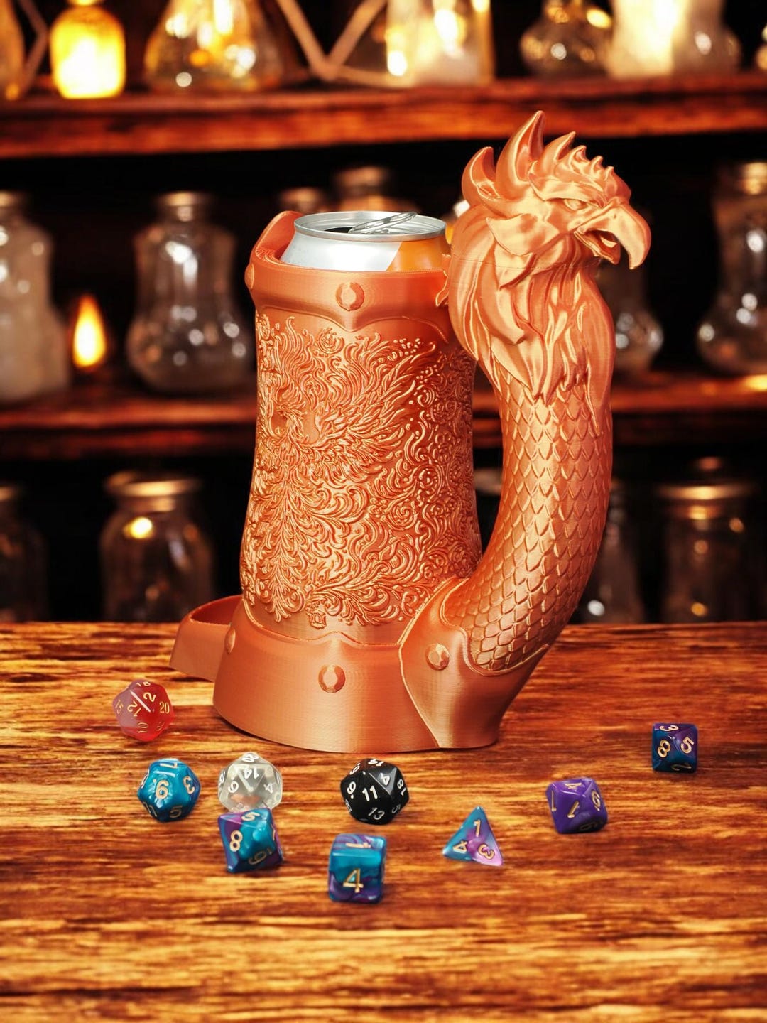 Phoenix Dice Roller & Can Cozy – Dnd Drink Holder, RPG Dice Cup ...