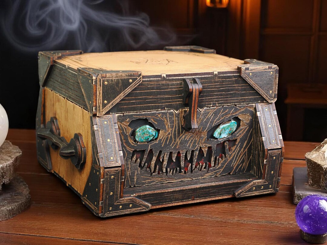 Handcrafted Wooden Mimic Chest – Chaos Dice Box With Resin Eyes for D&D ...