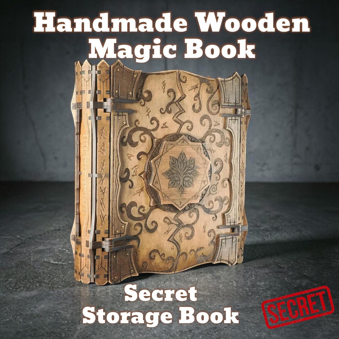 Handmade Wooden Magic Book Box – Secret Storage Compartment With Red ...