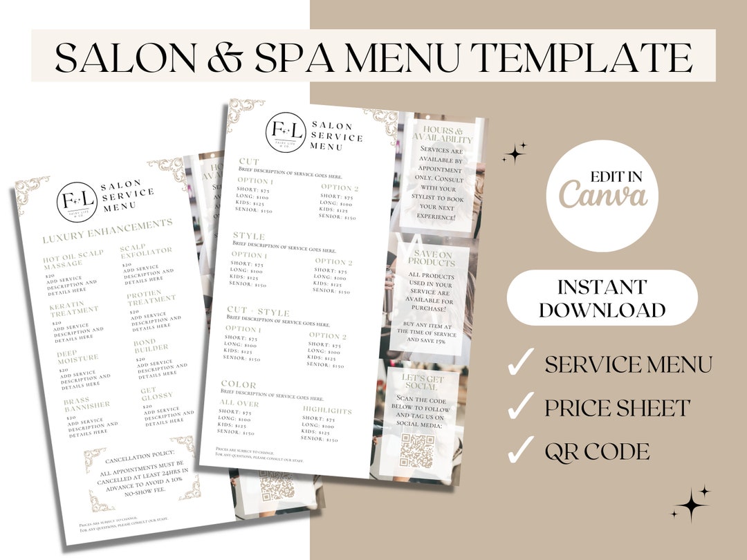 Salon Menu Template Canva | Spa Menu | DIY Editable Price List | Small ...