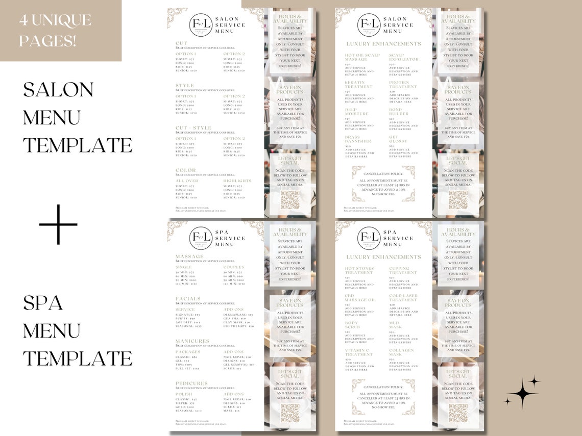 Salon Menu Template Canva | Spa Menu | DIY Editable Price List | Small ...