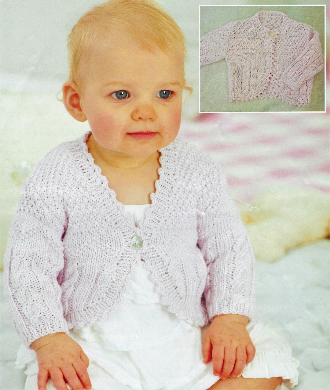 Knitting Pattern Baby Girls Scalloped Edge Cable Bolero Cardigan DK 8 ...