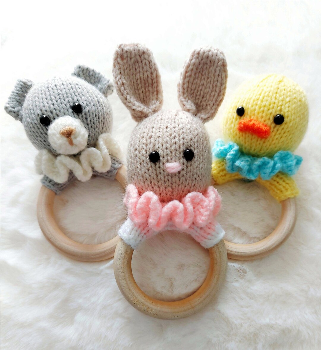PDF Knitting Pattern Baby Rattle Toy Teddy Bear Bunny Rabbit Duck 3 X ...