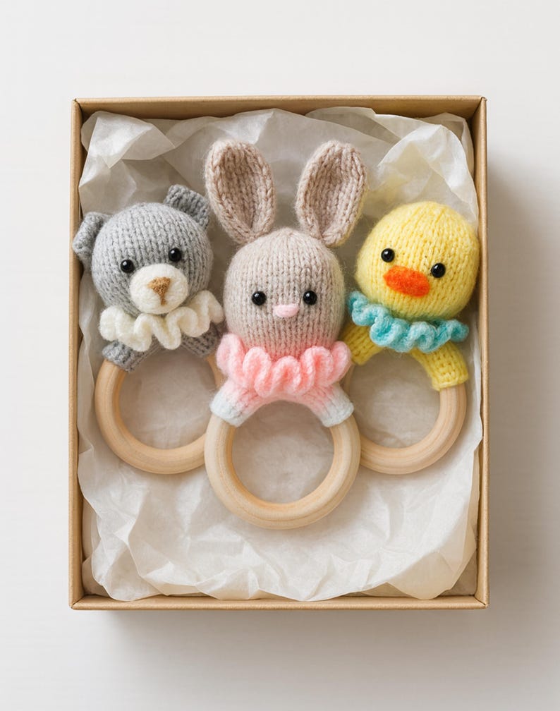PDF Knitting Pattern Baby Rattle Toy Teddy Bear Bunny Rabbit Duck 3 X ...