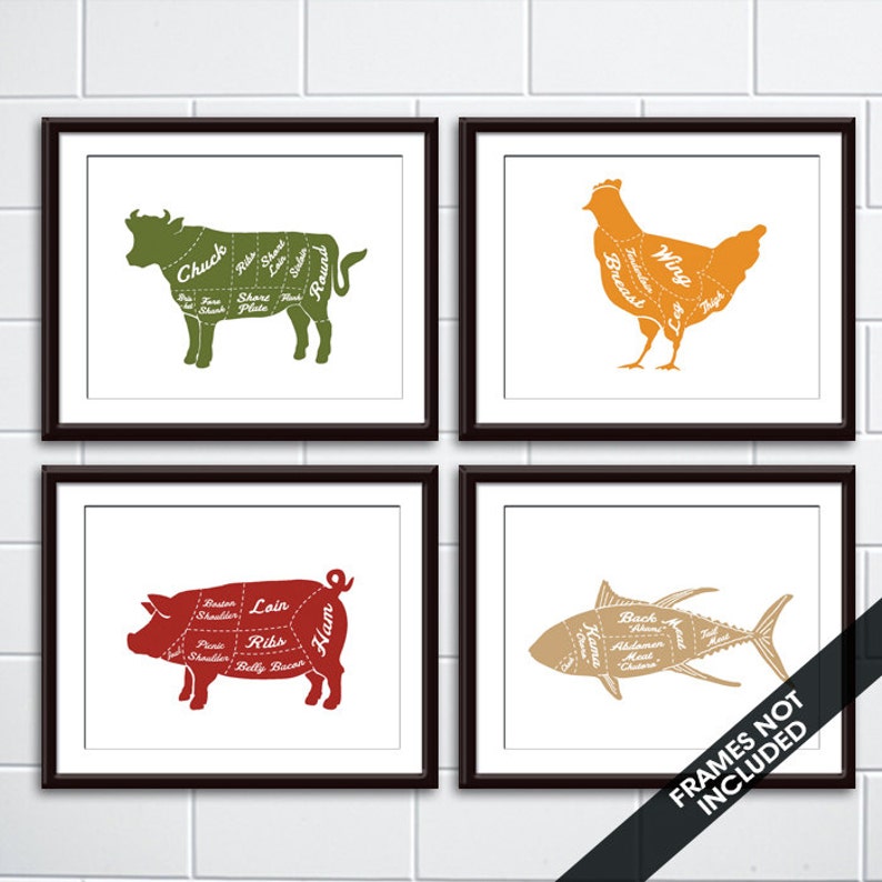 Beef Chicken Pork and Fish butcher Diagram Series Set of | Etsy