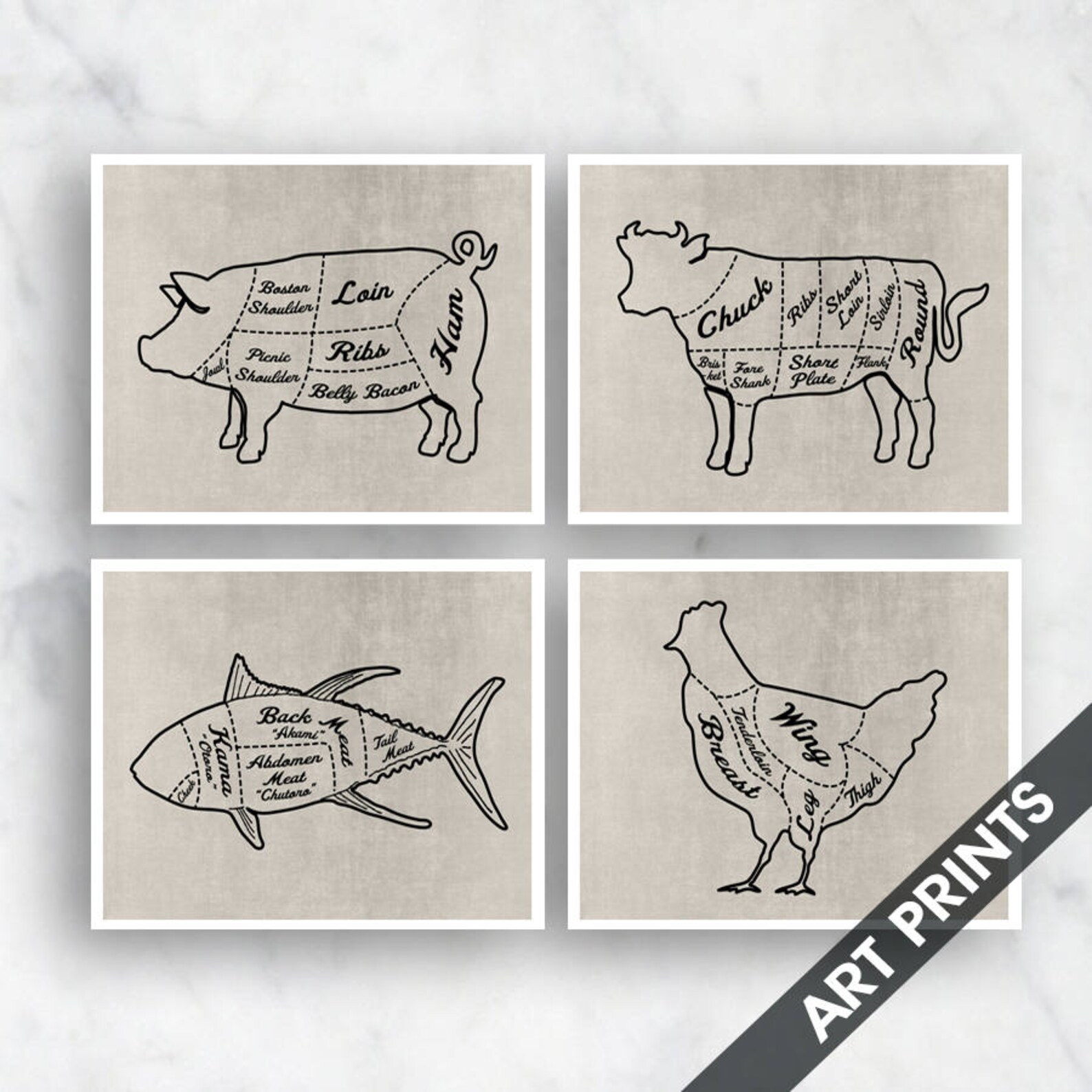 Pork Beef Fish and Chicken butcher Diagram Outline Series - Etsy