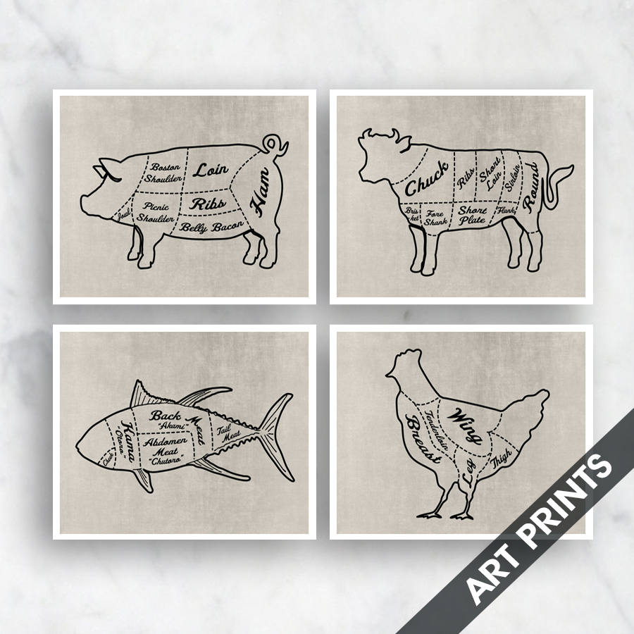 Pork Beef Fish and Chicken Butcher Diagram Outline Series | Etsy