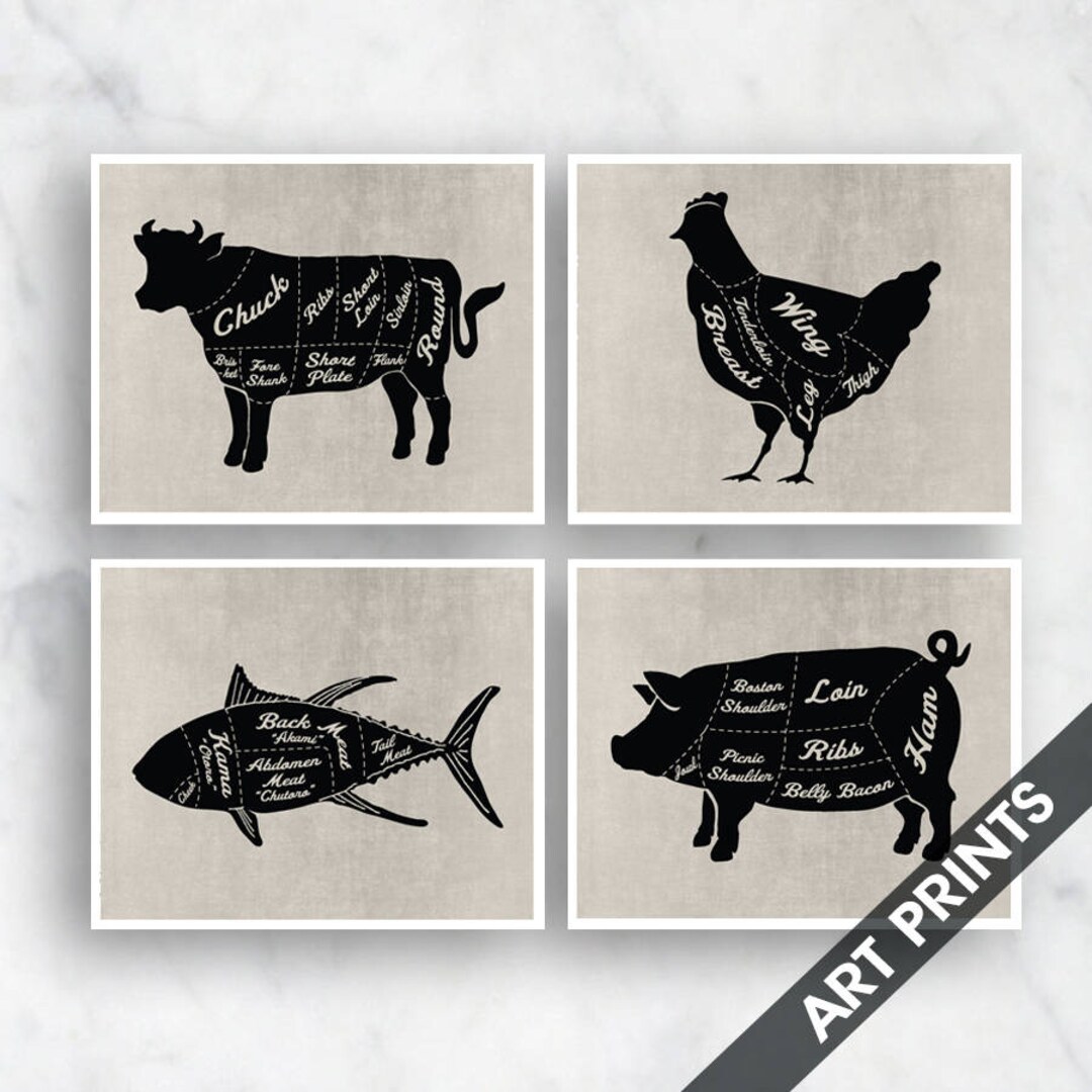 Butcher Prints Set of 4 Unframed Art Prints Vintage Meat Diagram Chart ...