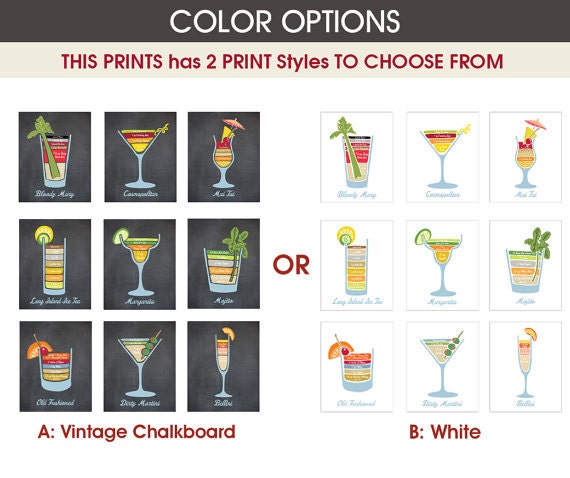 Cocktails Recipe Diagram Set of 9 Unframed Art Prints | Etsy