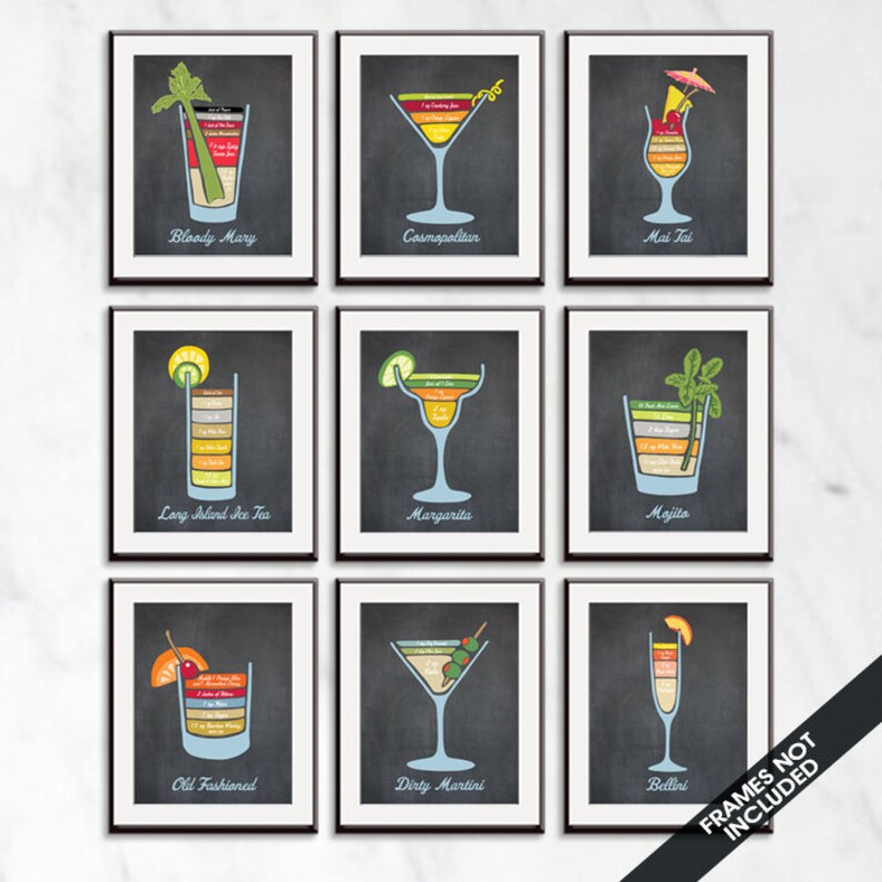 Cocktails Recipe Diagram Set of 9 Unframed Art Prints | Etsy