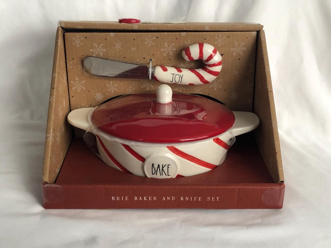 Rae Dunn New Christmas Candy Cane Design Cheese Brie Baker & Knife Set ...