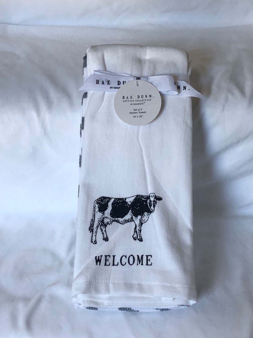 Rae Dunn New Set of 3 Cow Welcome Kitchen Hand or Dish Towels No Damage ...