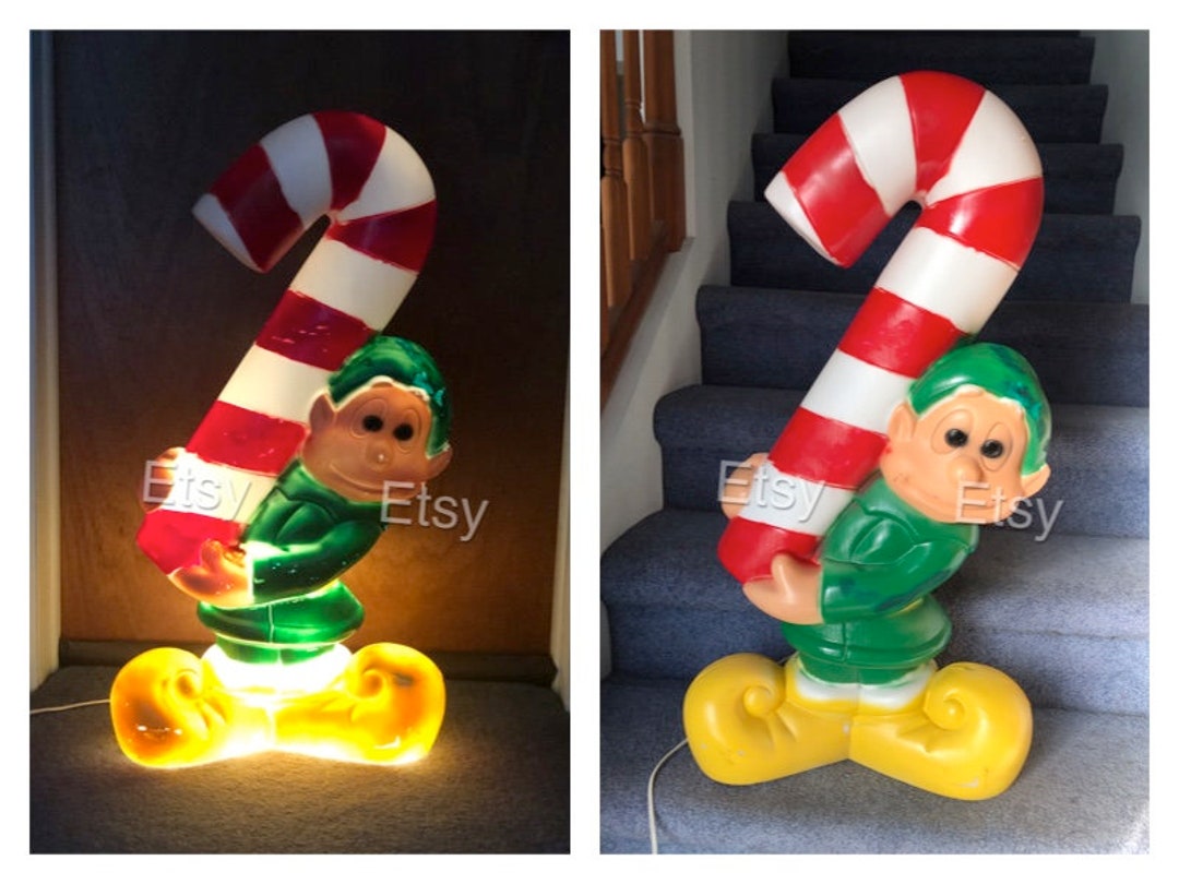 Vintage 34" General Foam Christmas Elf W/ Candy Cane Blow Mold With ...