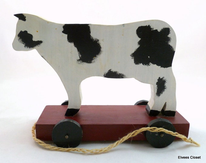 Vintage WOODEN COW on Cart Pull Toy, Wood Cow With Wheels Toy, Wood Cow ...