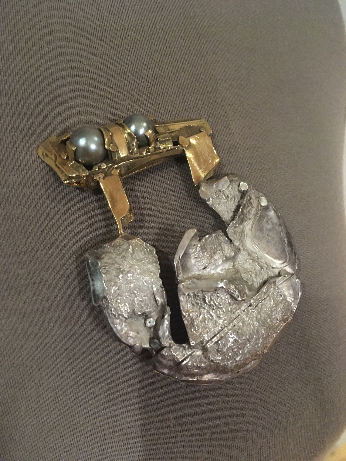 Vintage handcrafted brooch brutalist style silver gold | Etsy